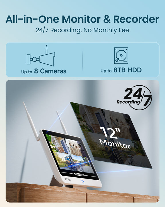 3MP WiFi Security System with 12" LCD Monitor & C302 Cameras - Zosi