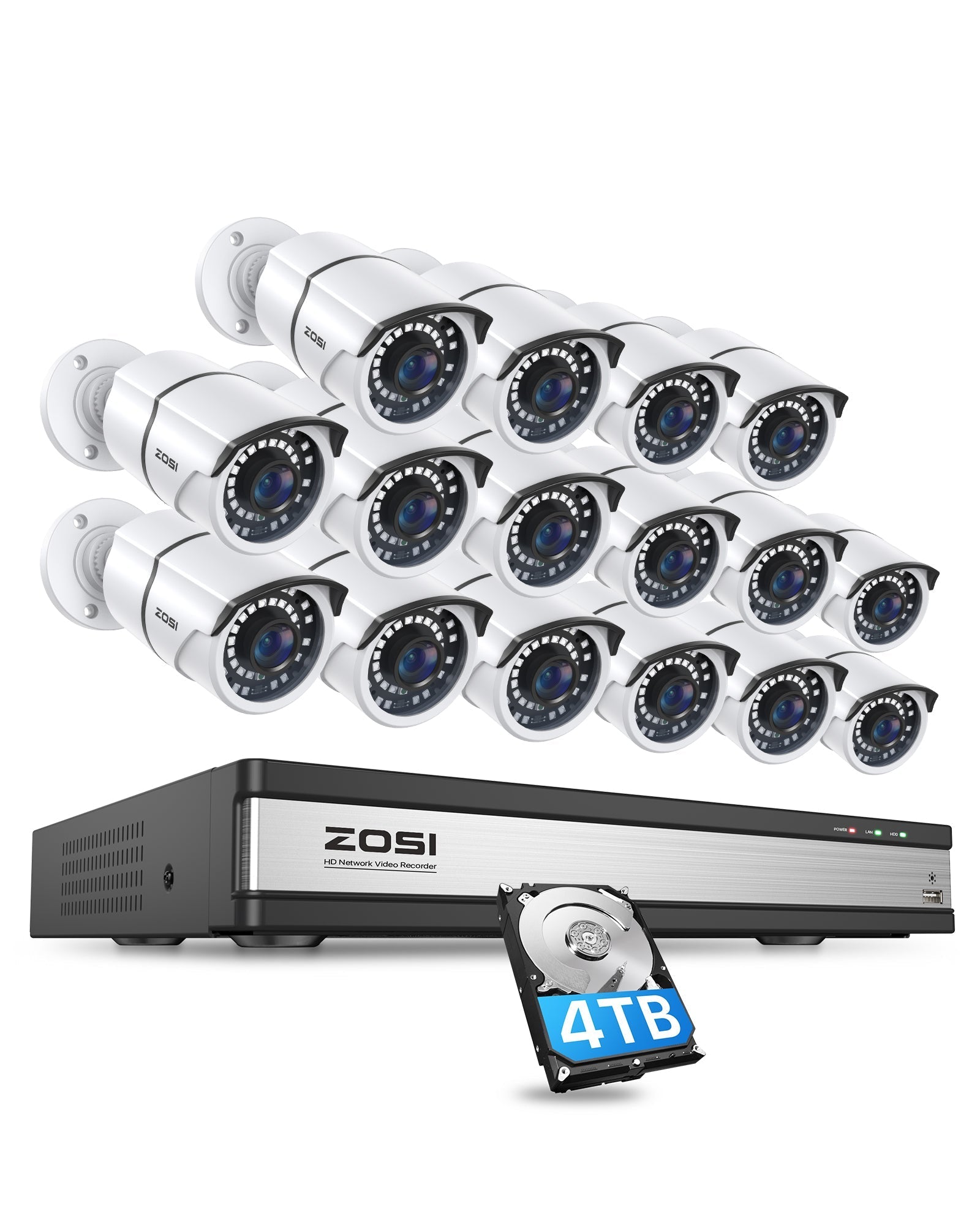 Zosi 5MP 16CH NVR & Capable 16pcs C261 Bullet Cameras - PoE Security System - ZR16DK + ZG2615D