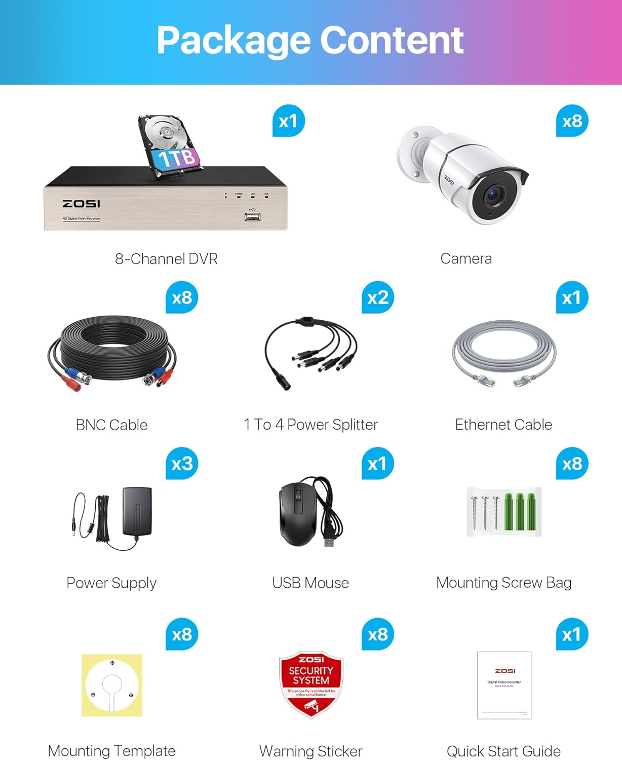 Zosi 2MP 8CH DVR & 4/8pcs C261 Camera with Audio - Analog Security System - ZR08WN + ZG2612F