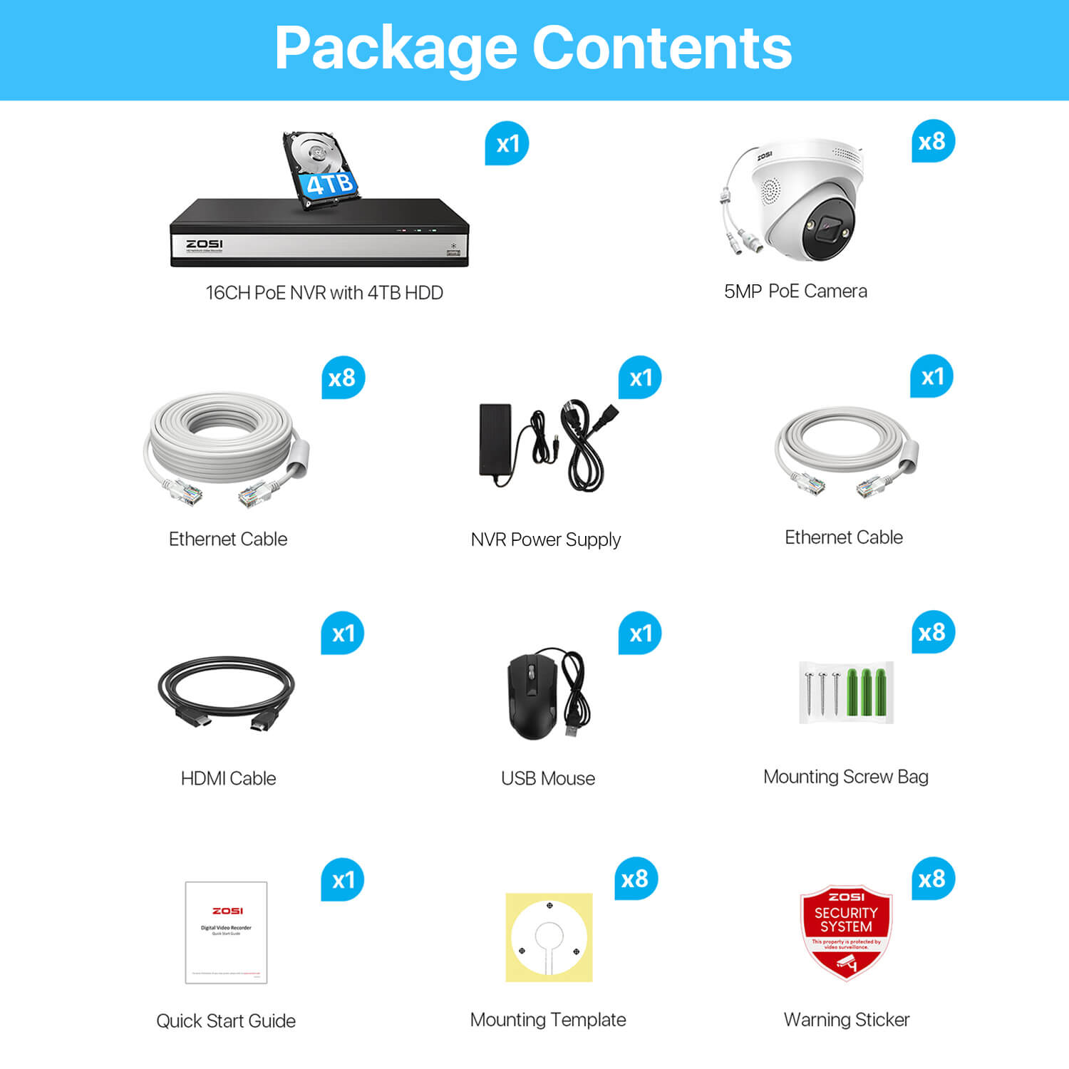 5MP 16CH PoE Security System with C225 Outdoor Dome Cameras - Zosi