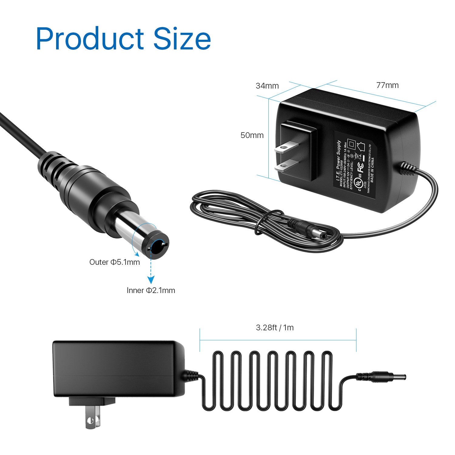 [1M/3.28ft]12V 1A Power Adapter AC 100-240V to DC 12 - Zosi