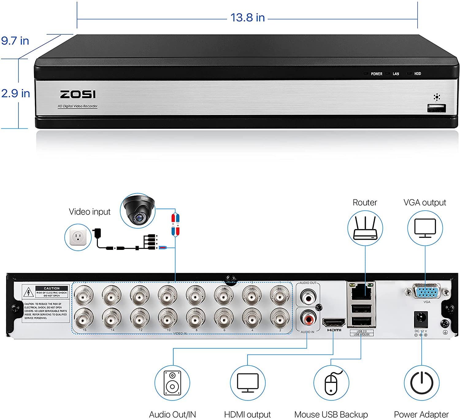 1080P 16 Channel TVI CVI AHD CVBS Security DVR 24/7 record - Zosi ZR16WK