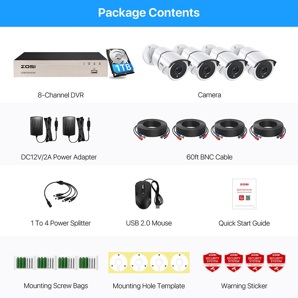 Zosi 2MP 8CH DVR & 4/8pcs C261 Camera with Audio - Analog Security ...